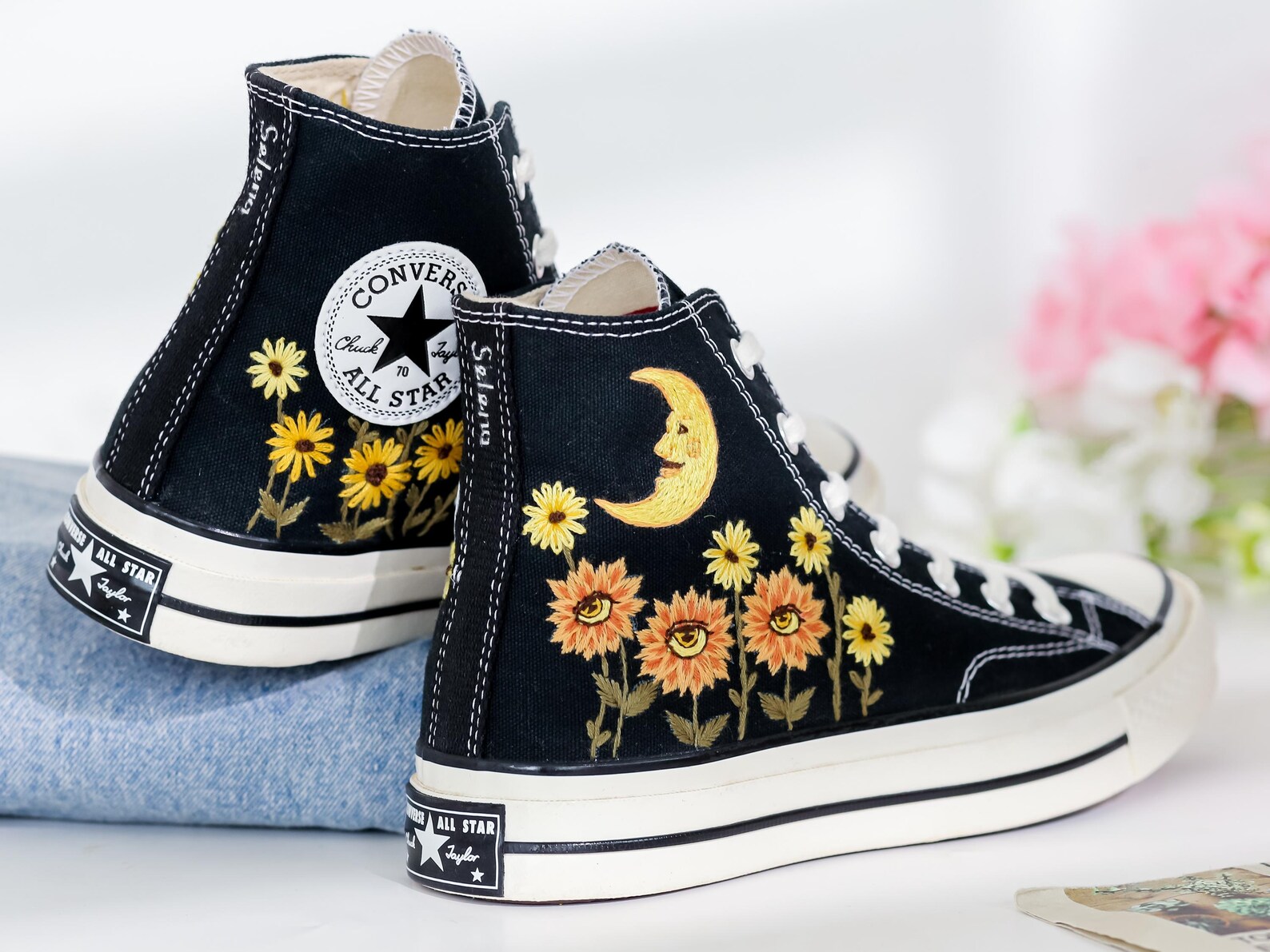 Sunflower Embroidered Converse High Tops 1970s, Evil Eye Embroidered ...