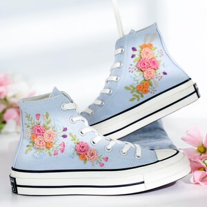 Pink Flowers Embroidered Converse Platforms, Custom Converse Custom ...