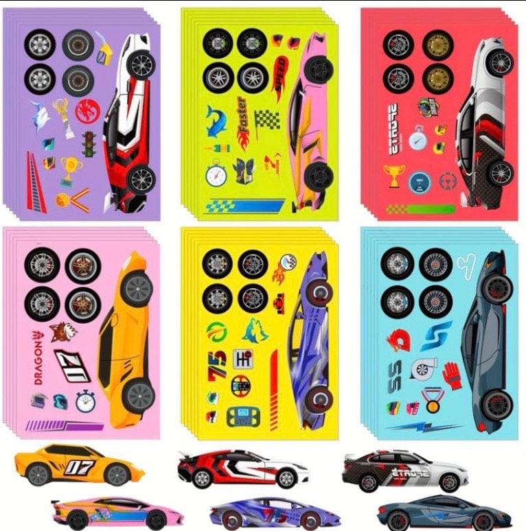 6 X Racing Car Sticker Decorate Sheets for Party Bags, Scrapbooking ...
