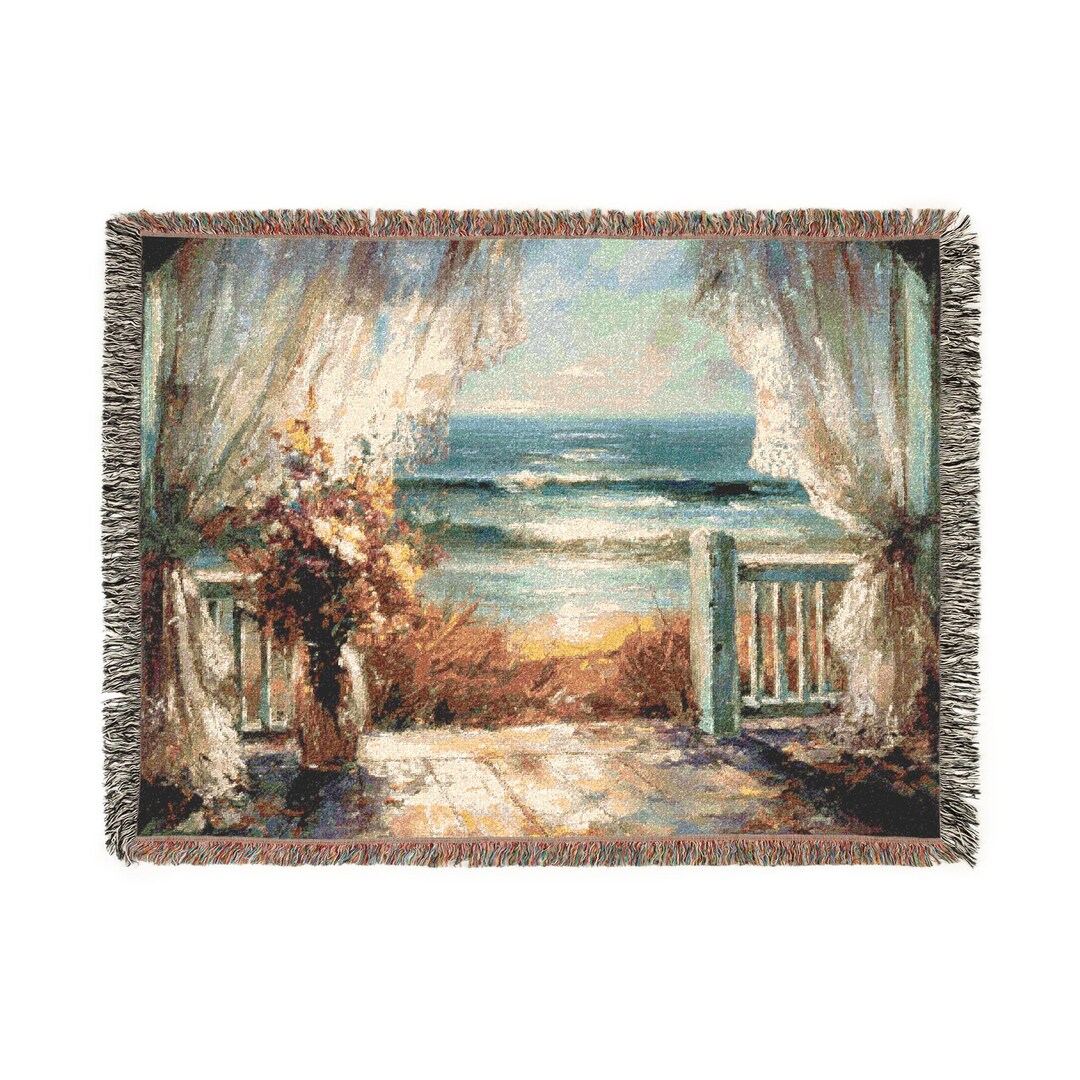 Seaside Cottagecore Woven Blanket: Coastal Ocean View Tapestry Throw - Etsy