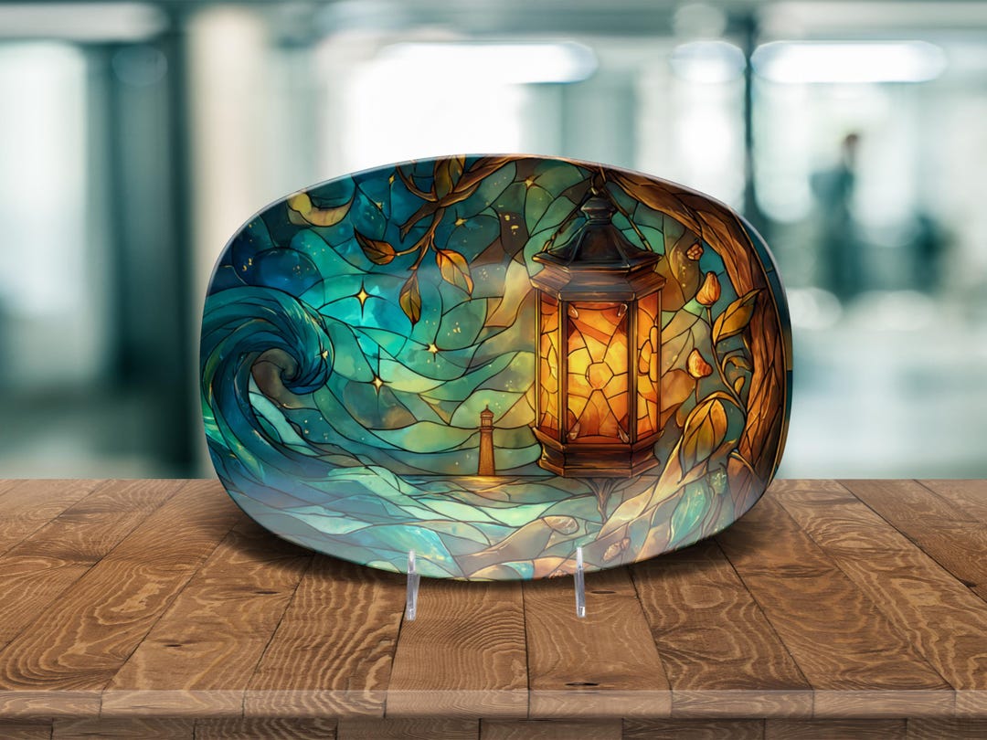 Tidekeeper Lantern Unbreakable Platter – Stained Glass Style Ocean ...