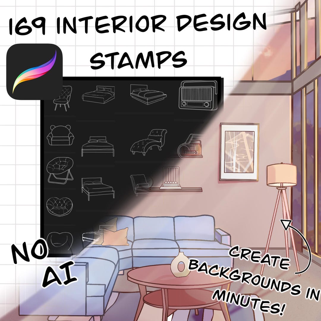 169 Interior Design Procreate Stamps: Furniture & Decor (digital ...