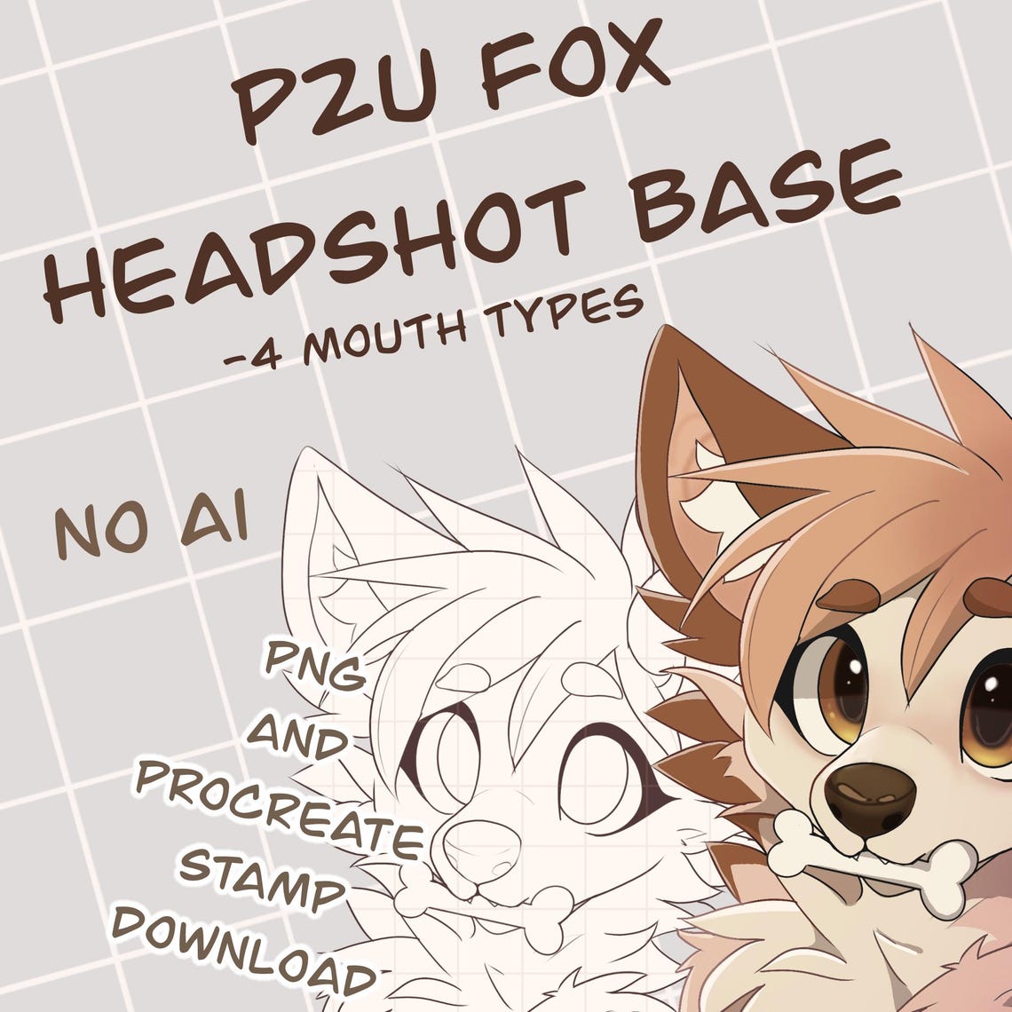Furry Fox Headshot Base: 4 Mouth Types, PNG & Procreate Stamp (digital ...