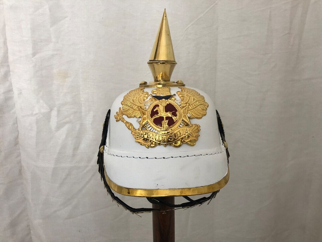 White Leather Imperial German Pickelhaube Long Spike Prussian Helmet ...