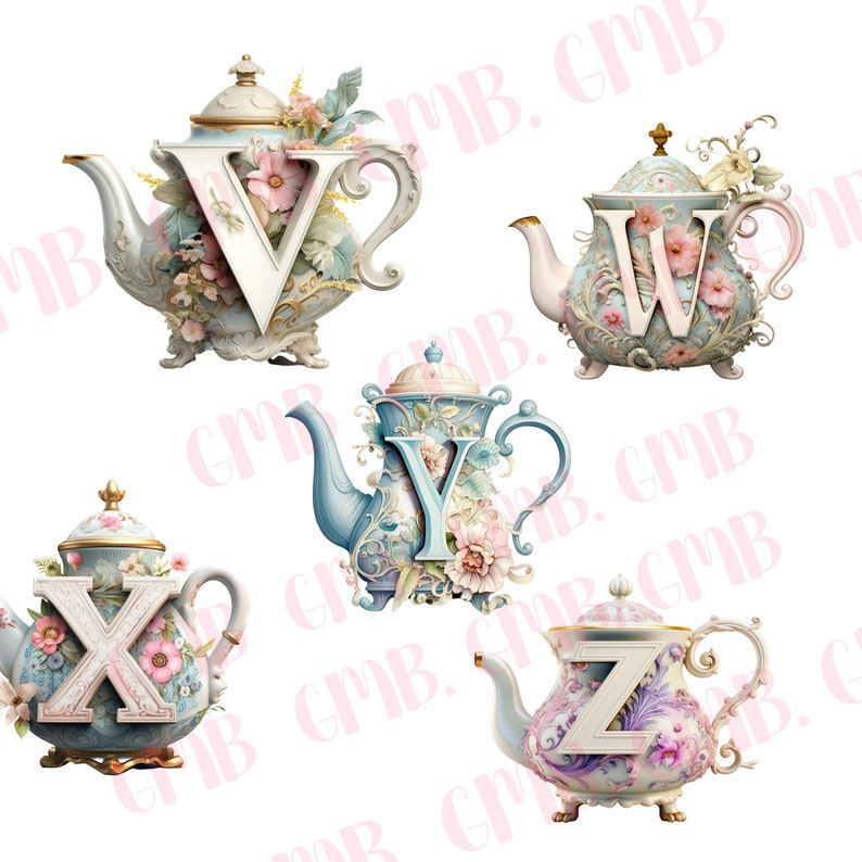 Teapot Floral Alphabet Letter Clipart: A-Z Decorative Monogram (digital ...