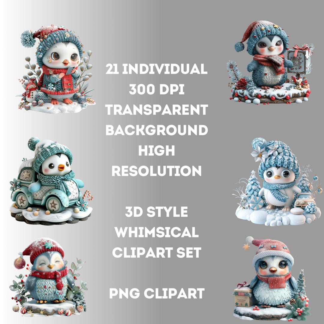 21 Penguin Whimsical Clipart PNG Christmas 3D Graphics, Cute Festive ...