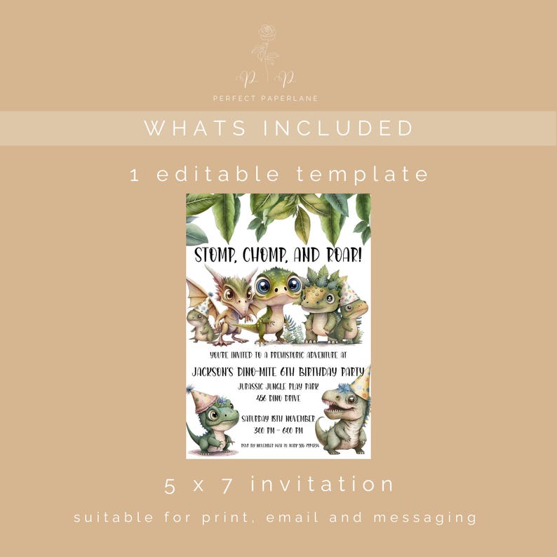 Dinosaur Birthday Party Invitation, INSTANT DOWNLOAD, Digital Template ...