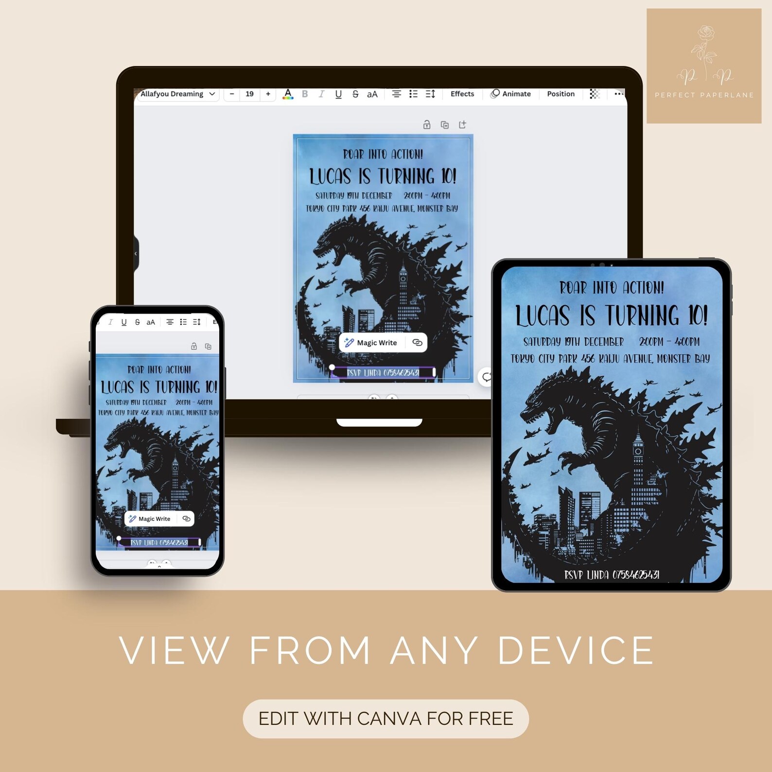 Godzilla Birthday Party Invitation, INSTANT DOWNLOAD, Digital Template ...