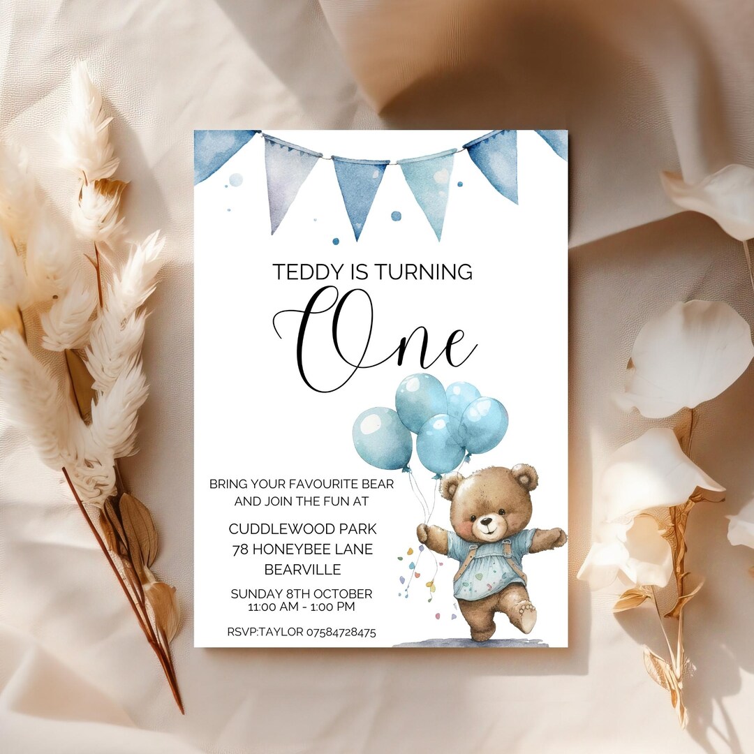 Teddy Birthday Party Invitation, INSTANT DOWNLOAD, Digital Template ...