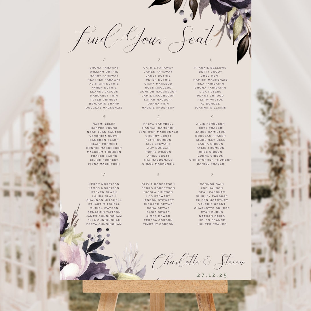 Dark Floral Table Plan, INSTANT DOWNLOAD, Digital Template, Editable ...