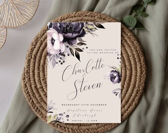 Black White Botanical Wedding Invitation Digital Dark Floral Wedding ...