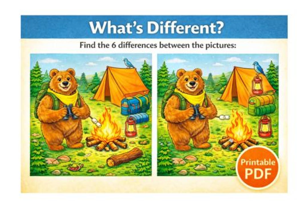 Camping Spot the Difference Activity for Kids, Bear Puzzle (digital ...
