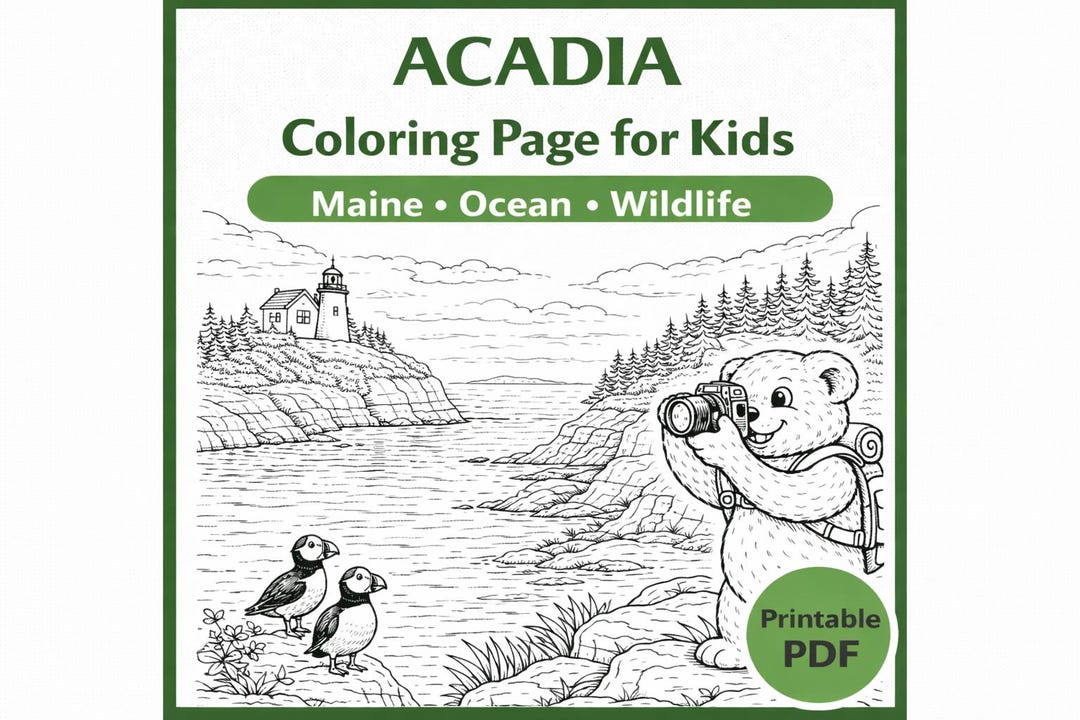 Acadia National Park Kids Coloring Sheet Printable PDF | Maine Ocean ...