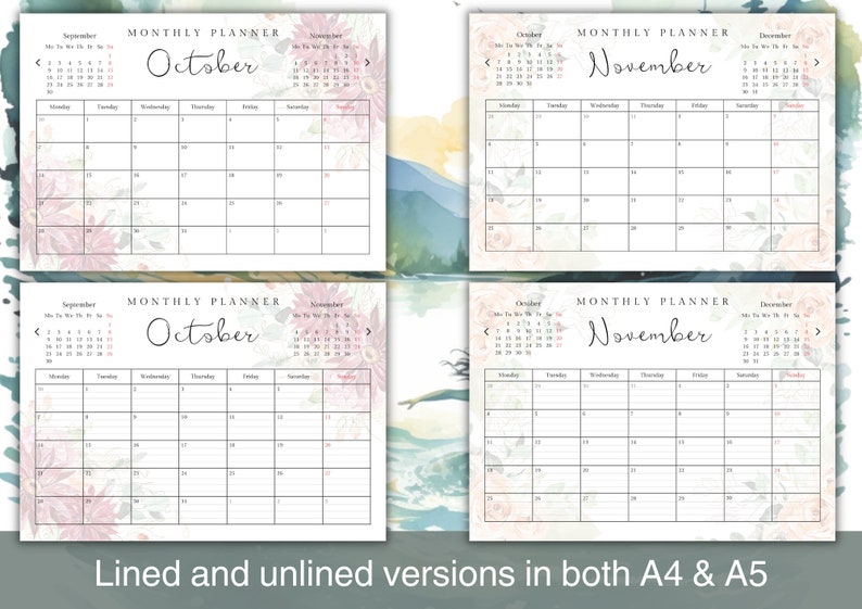 Printable Digital Download 2024 Calendar Autumn Flowers PDF | Lined and ...