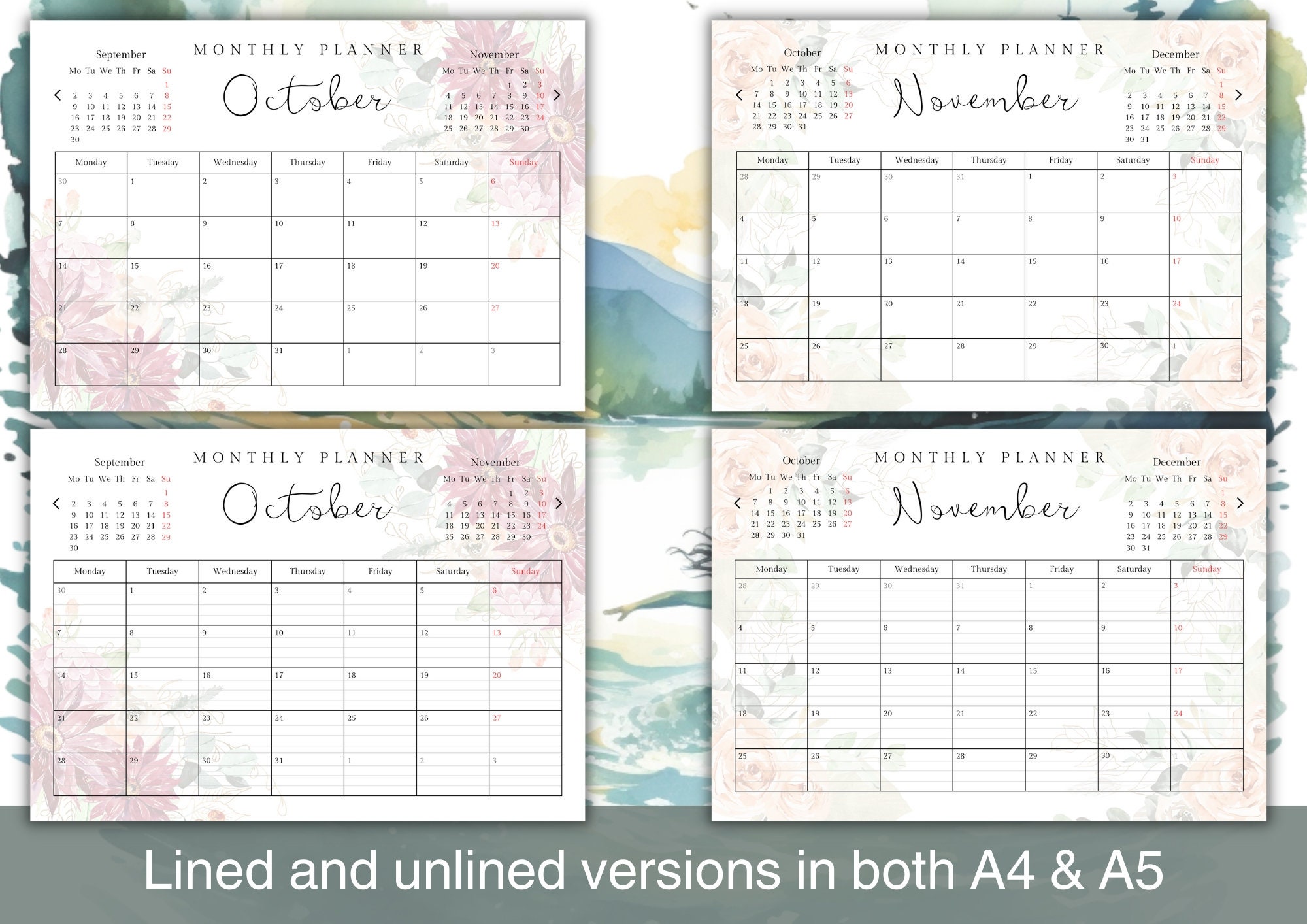 Printable Digital Download 2024 Calendar Autumn Flowers PDF | Lined and ...