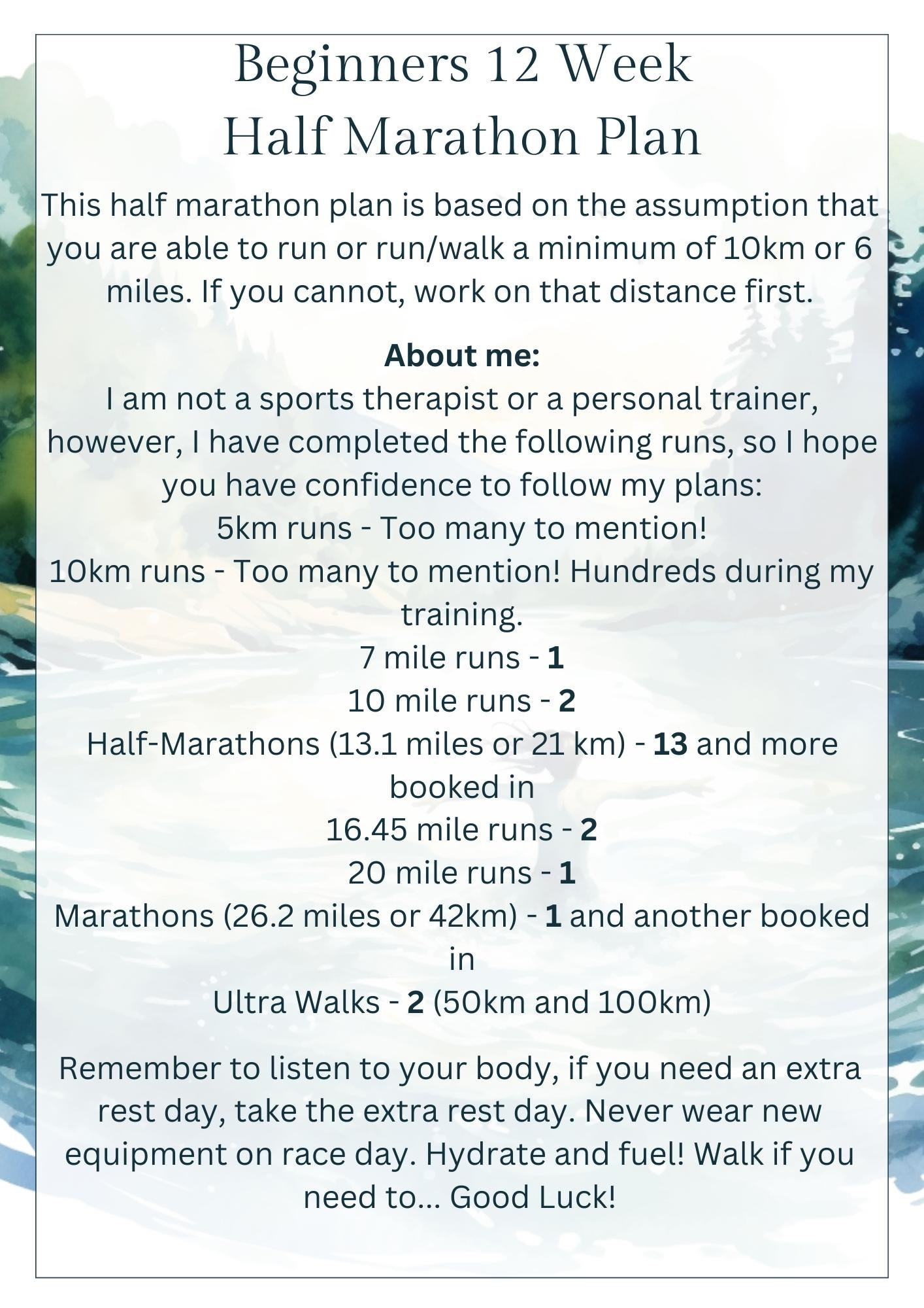 Printable PDF Half Marathon 12 Week Training Plan A5, A4 & A3 - Etsy