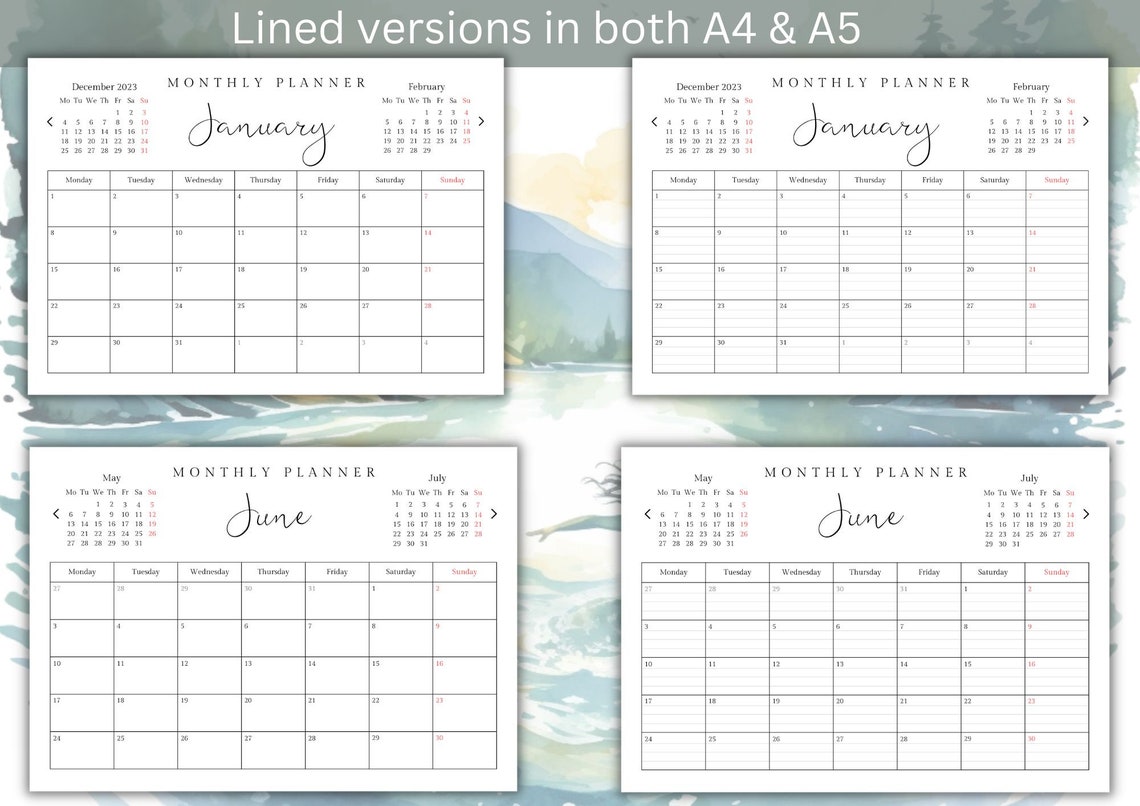 Printable Digital Download 2024 Calendar PDF Lined and Unlined Monthly ...