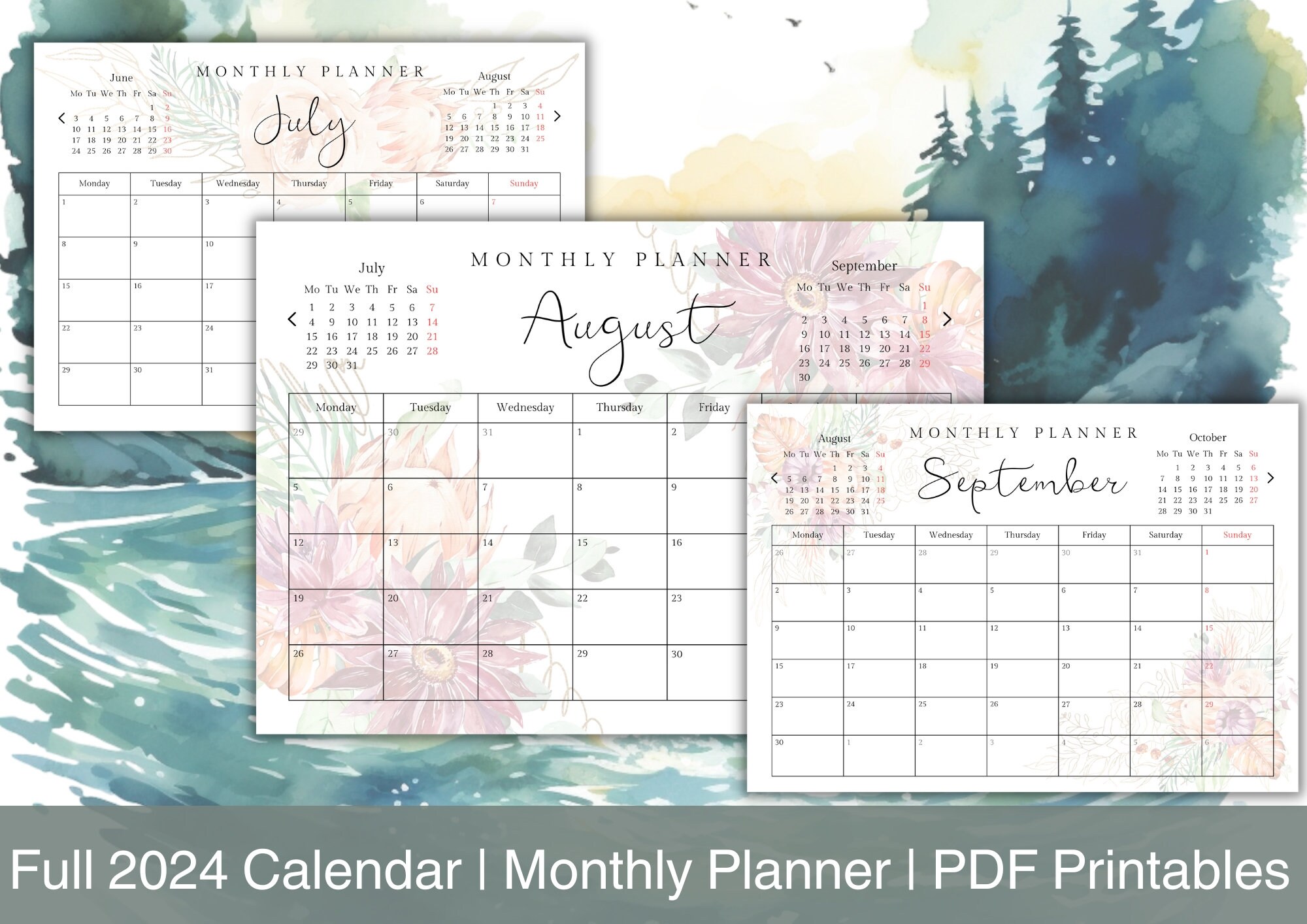 Printable Digital Download 2024 Calendar Autumn Flowers PDF | Lined and ...