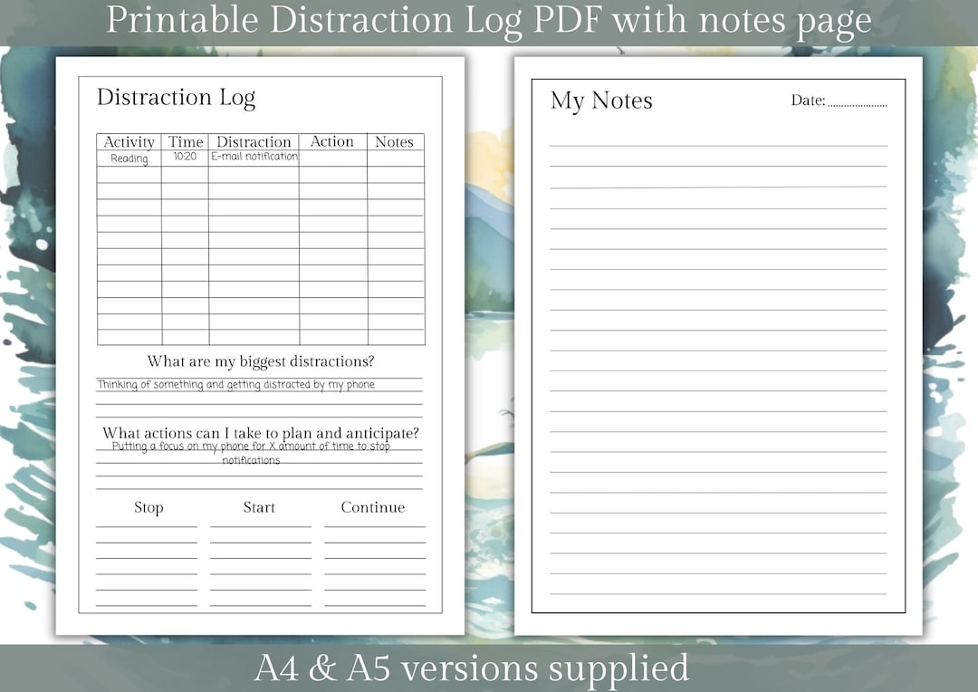 Printable Distraction Log ADHD Tracker PDF A4 & A5 - Etsy