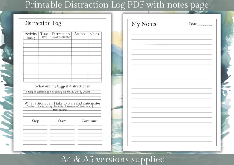 Printable Distraction Log ADHD Tracker PDF A4 & A5 - Etsy
