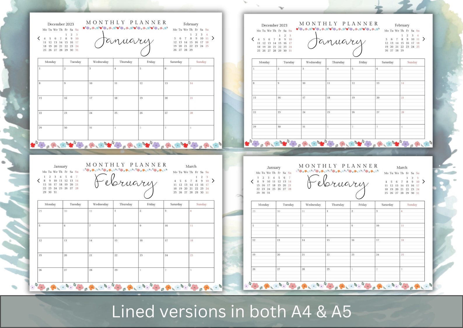 Printable Digital Download 2024 Calendar Flowers PDF | Lined and ...