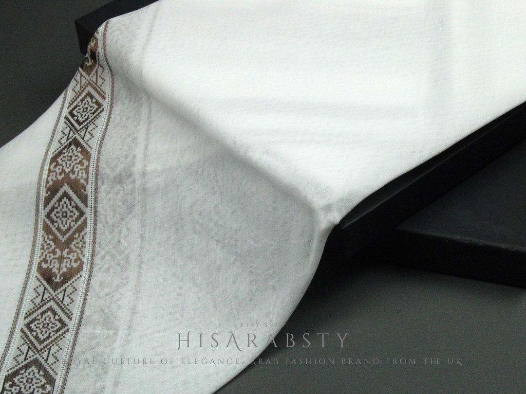 Authentic White and Bronze Embroidered Premium Emirati Qatari Ghutra ...
