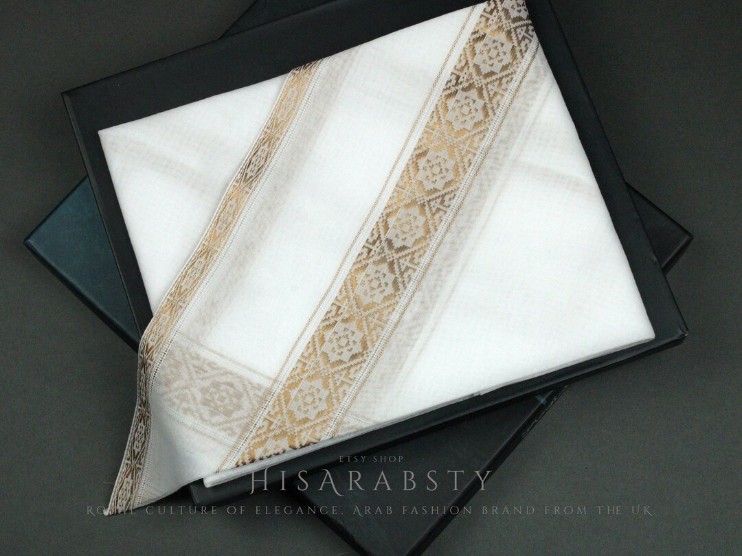 Authentic White and Golden Embroidered Premium Emirati Qatari Ghutra ...