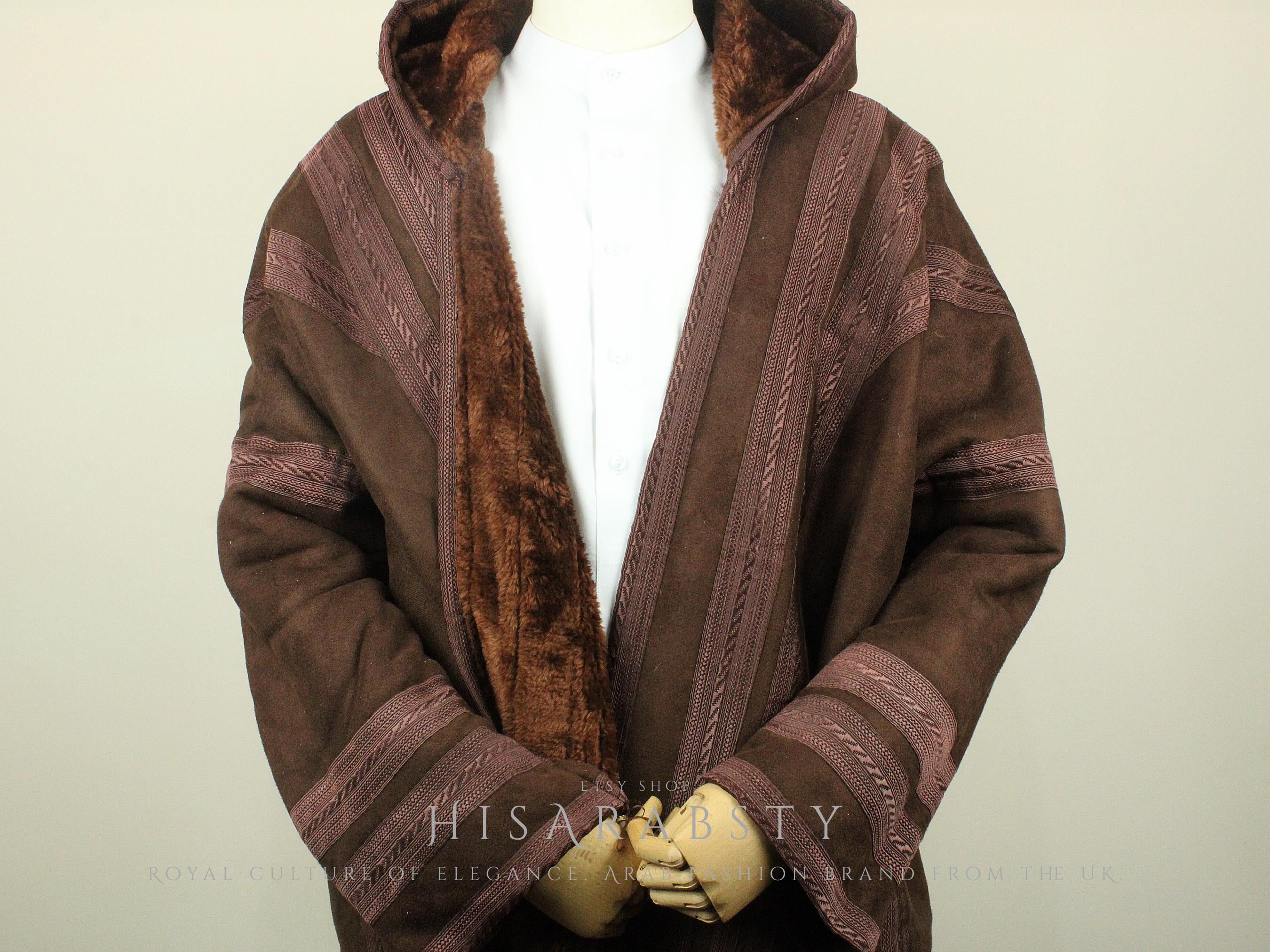 Unique Brown Farwa Bisht With Hoodie Mishla ʿabāʾa Arabian Coat Fur ...