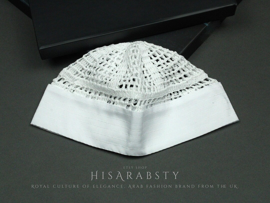 Premium White Kuwaiti Kufi With Border Handmade Hat Khaleeji Arabian ...