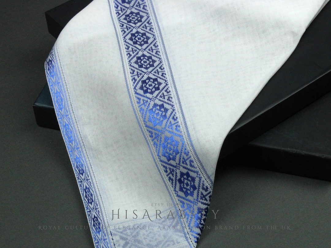 Authentic White and Blue Embroidered Premium Emirati Qatari Ghutra ...