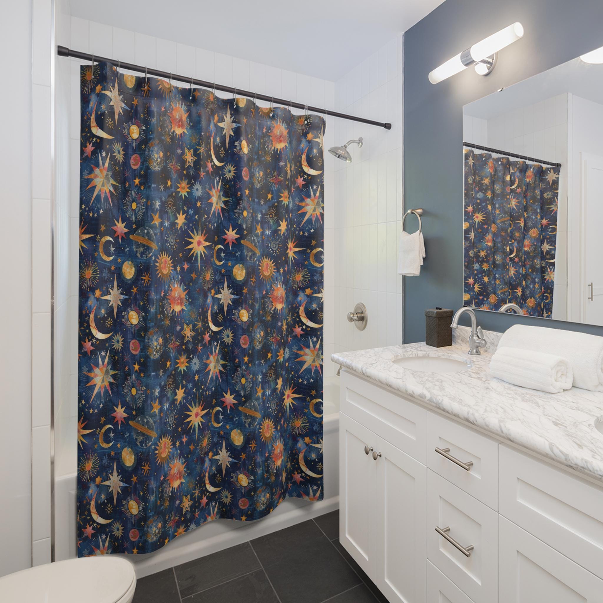 Whimsigoth Shower Curtain Fabric Boho 90s Celestial Sun Moon Star
