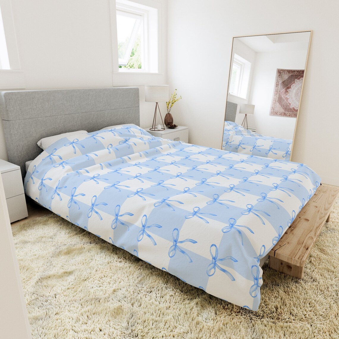 Coquette Bedroom Decor Blue Checkered Bow Duvet Cover, Twin XL Queen ...