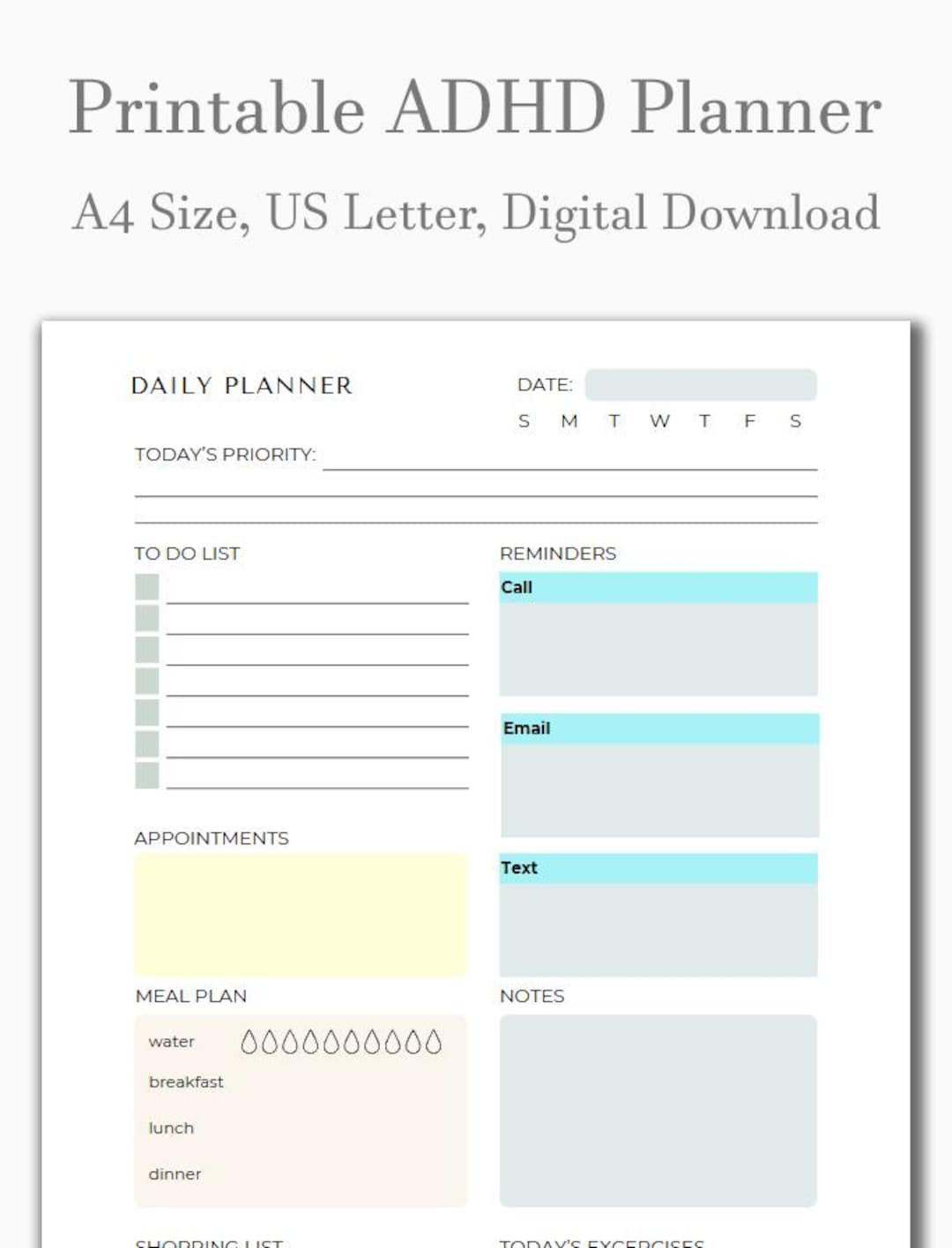 ADHD Planner Downloadable, Digital Printable PDF, A4 US Letter, to Do ...