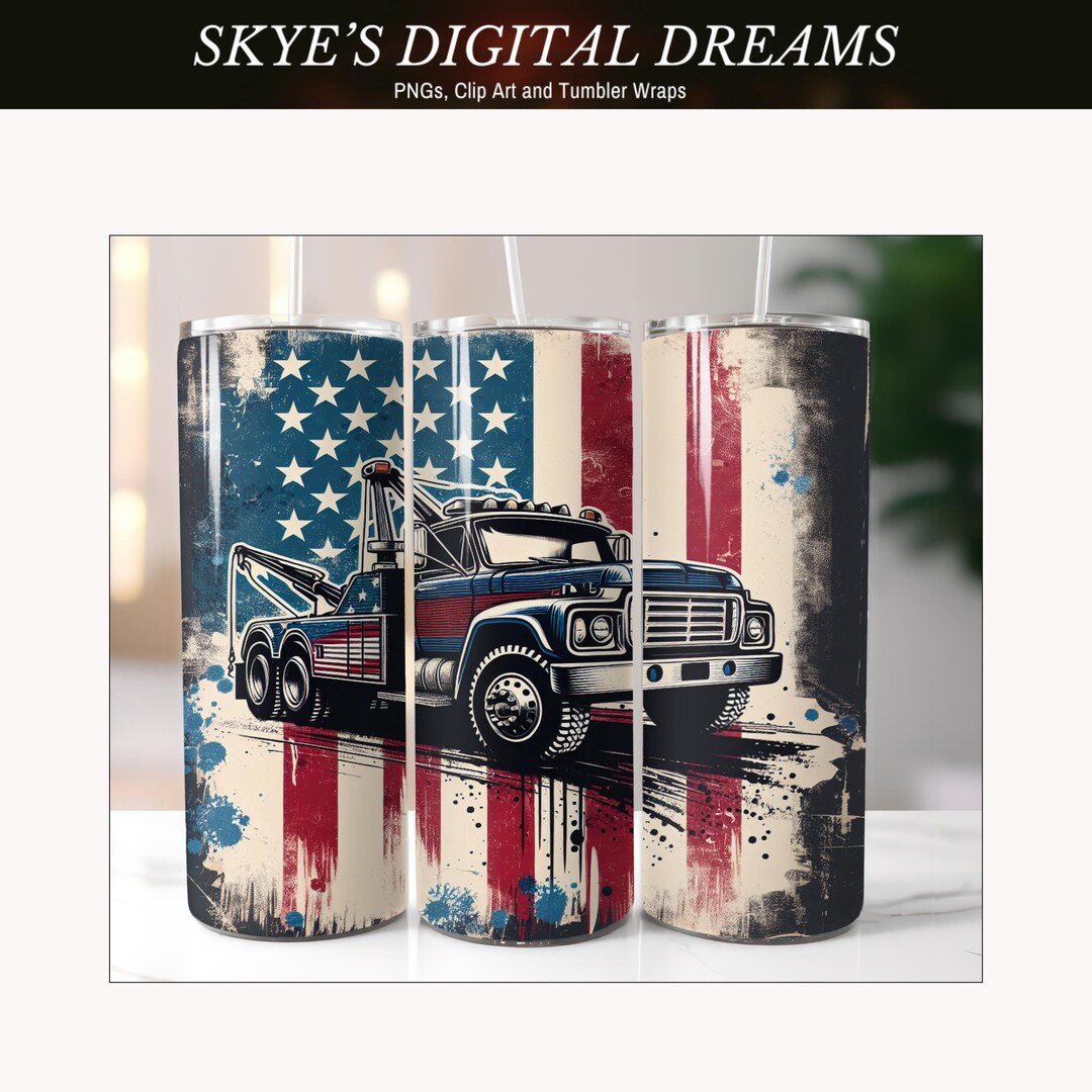 Patriotic Tow Truck American Flag Tumbler - Customizable Travel Mug ...
