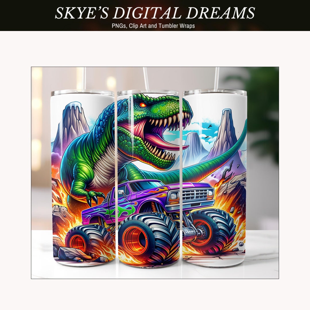 Dino Monster Truck, Tyrannosaurus Rex Kids Sublimation Tumbler Wrap ...