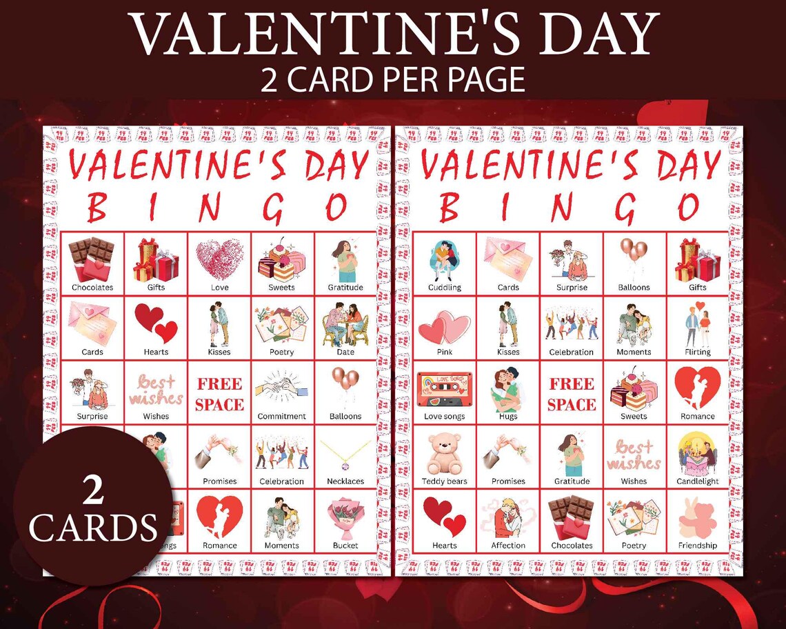 60 Valentines Bingo Game Cards Printable, Kids Valentine's Classroom ...