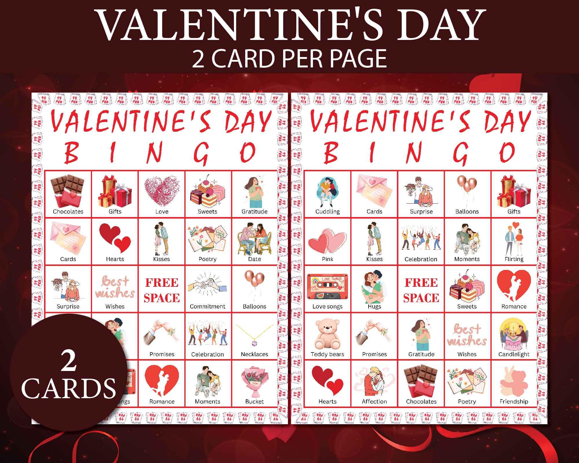 60 Valentines Bingo Game Cards Printable, Kids Valentine's Classroom ...