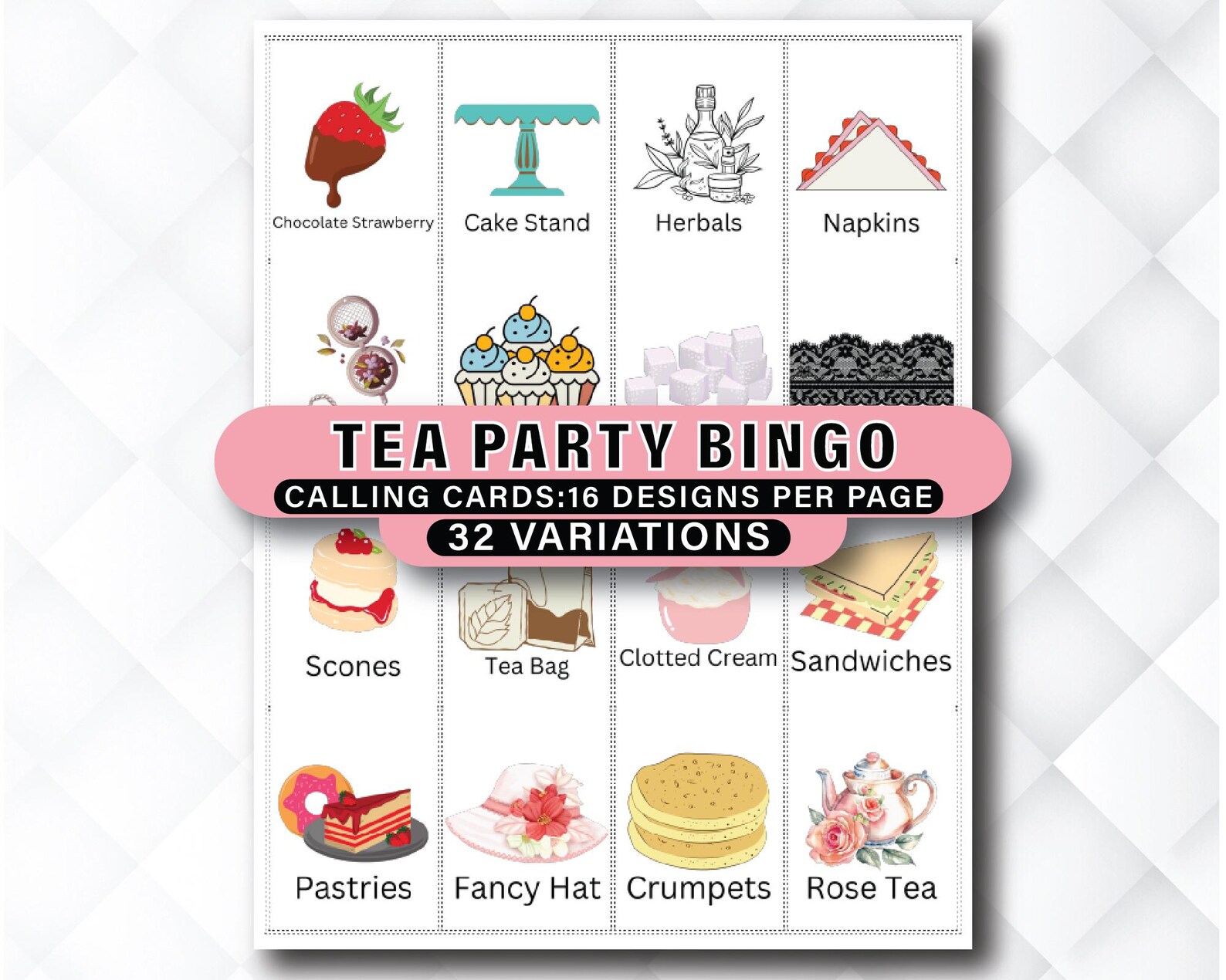 60 Tea Party Bingo Cards, High Tea Bingo, Tea Party Birthday Bingo ...
