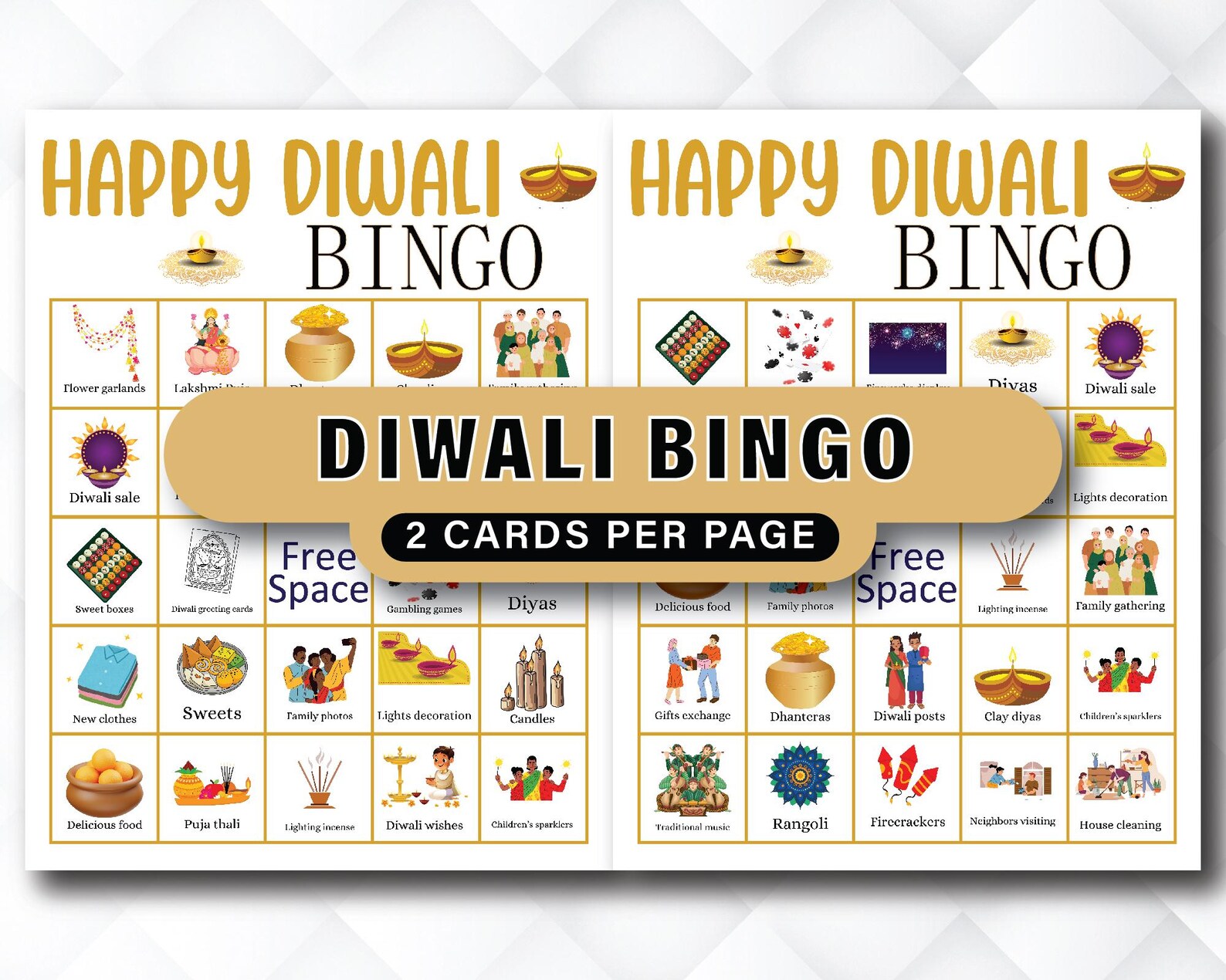 60 Diwali Bingo Cards, Diwali Party Games, Desi Indian Party Activity ...