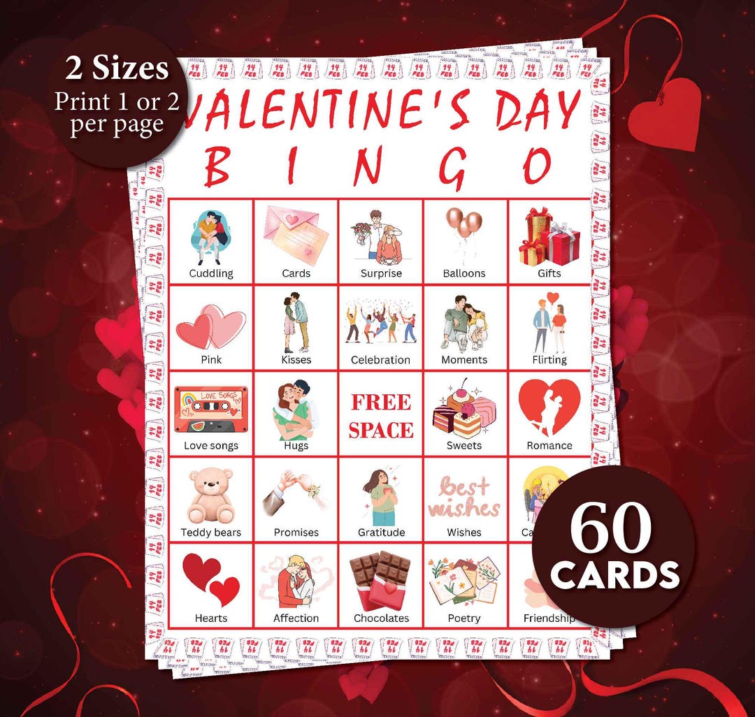 60 Valentines Bingo Game Cards Printable, Kids Valentine's Classroom ...