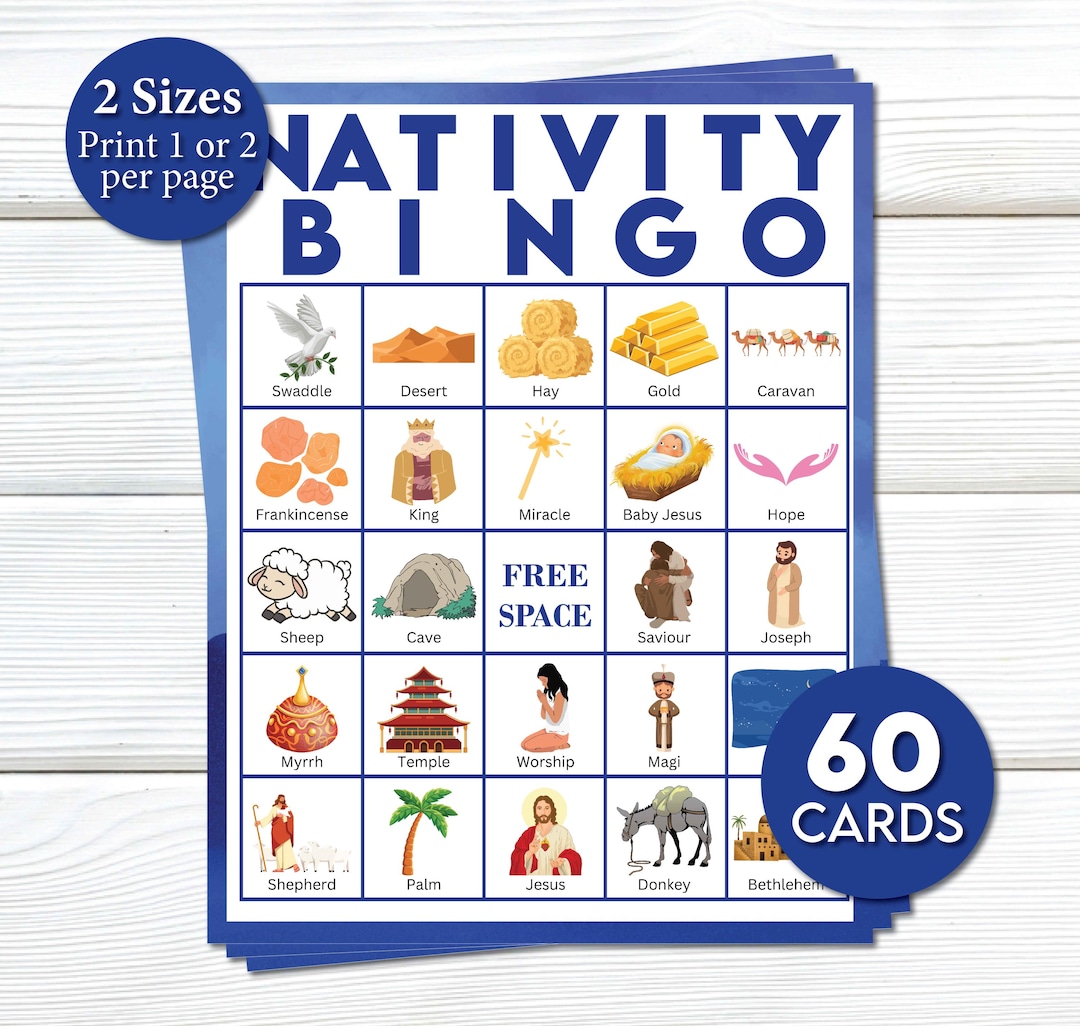 60 Nativity Bingo Cards, Christmas Nativity Bingo, Printable Nativity ...
