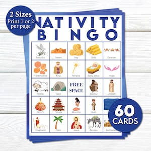 60 Nativity Bingo Cards, Christmas Nativity Bingo, Printable Nativity Game Activity, Christmas ...