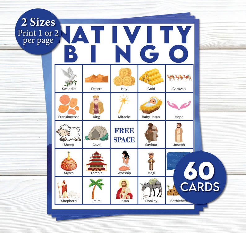60 Nativity Bingo Cards, Christmas Nativity Bingo, Printable Nativity ...
