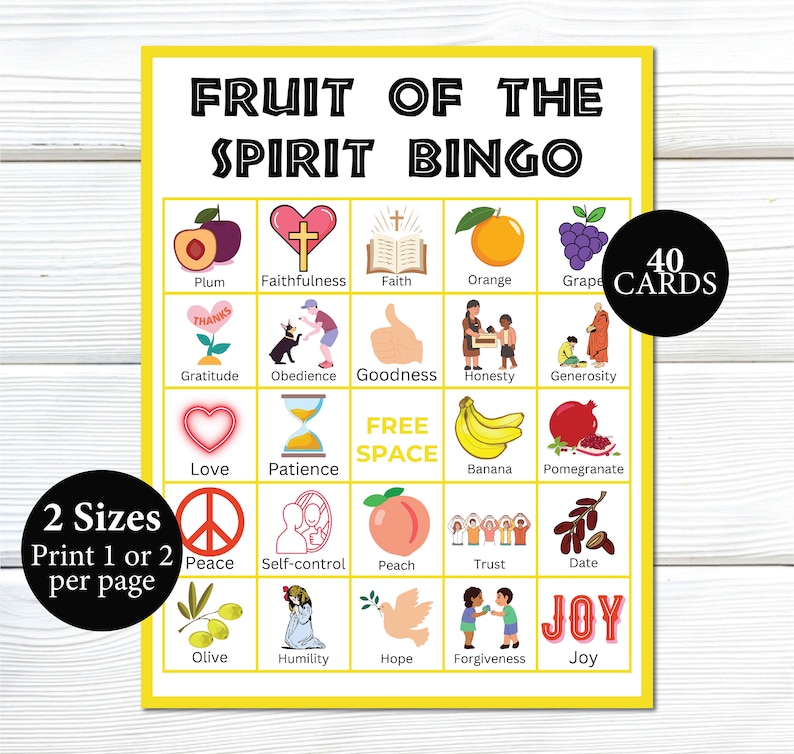 Fruit of the Spirit Bingo, Bible Bingo, Bible Activity for Kids, 1 or 2 ...