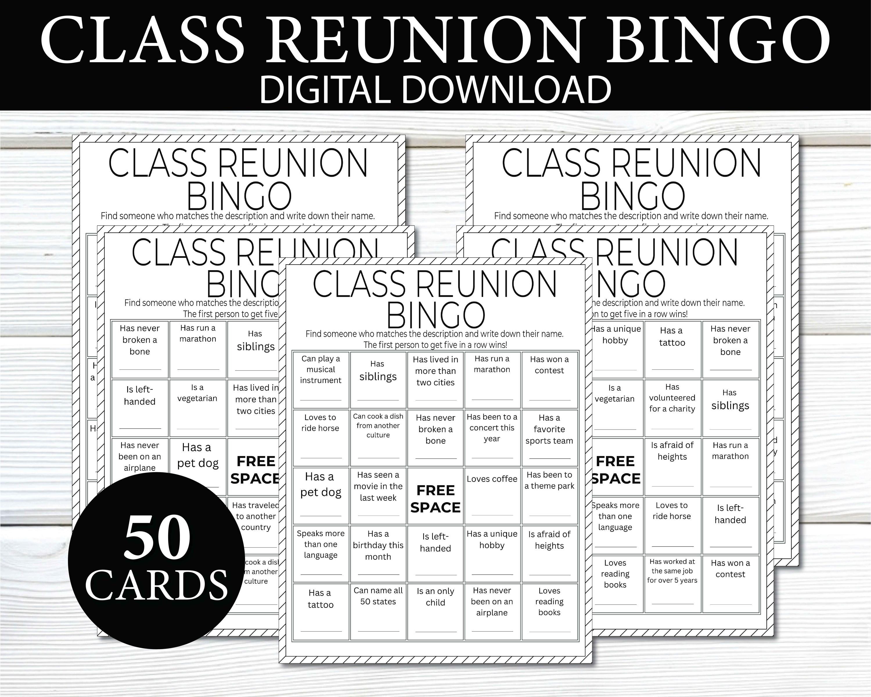 50 Class Reunion Bingo Game, High School Reunion Bingo, Editable Find ...