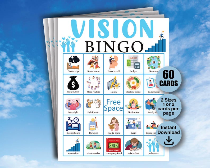 60 Vision Bingo Cards, Vision Board Bingo Games, New Year Resolution ...