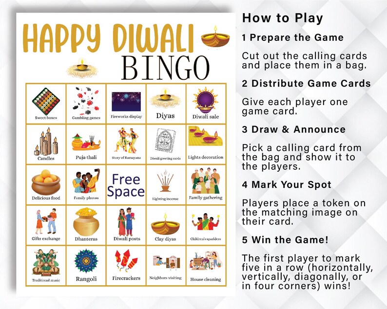 60 Diwali Bingo Cards, Diwali Party Games, Desi Indian Party Activity ...