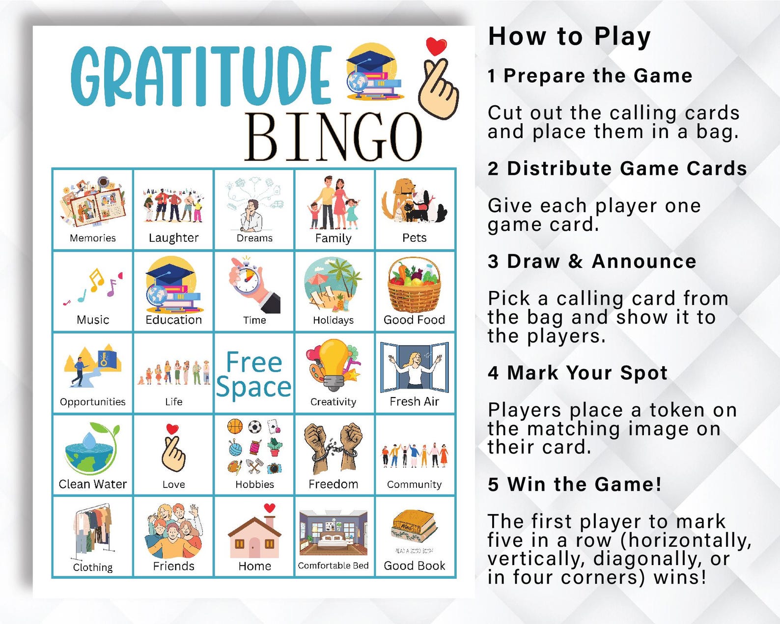 60 Gratitude Bingo Cards, Counseling Bingo Game, Mindfulness Bingo ...