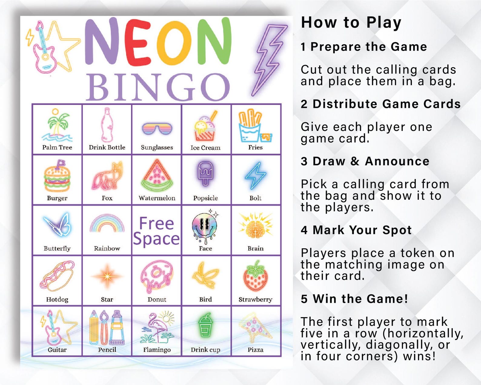 60 Neon Bingo Cards, Neon Birthday Party Game, Glow Party Game, Kids ...