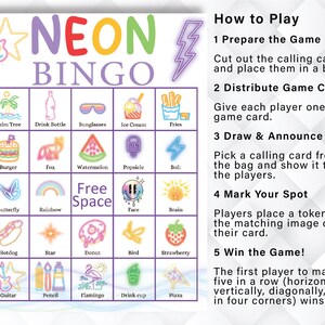 60 Neon Bingo Cards, Neon Birthday Party Game, Glow Party Game, Kids ...